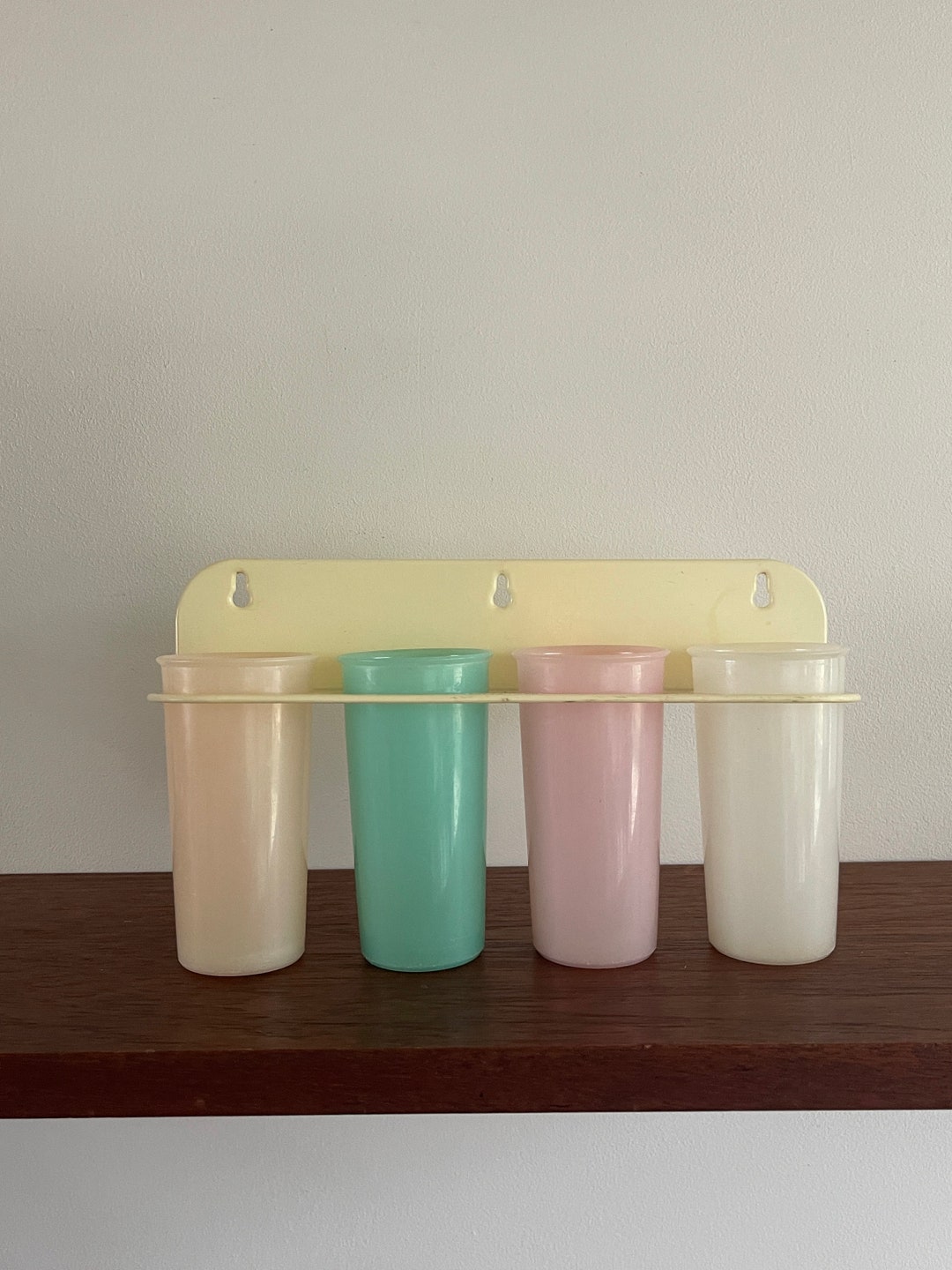 Vintage Tupperware Cups With Original Wall Rack, Pastel Colors Orange ...