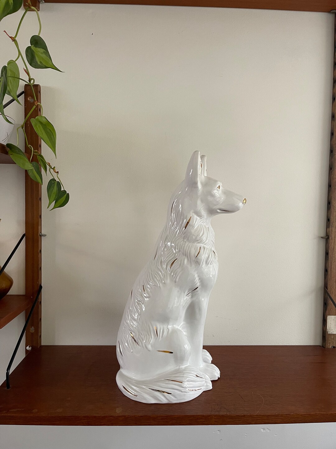 Mid-century Porcelain Dog With Gold Details, White Ceramic With Gold ...