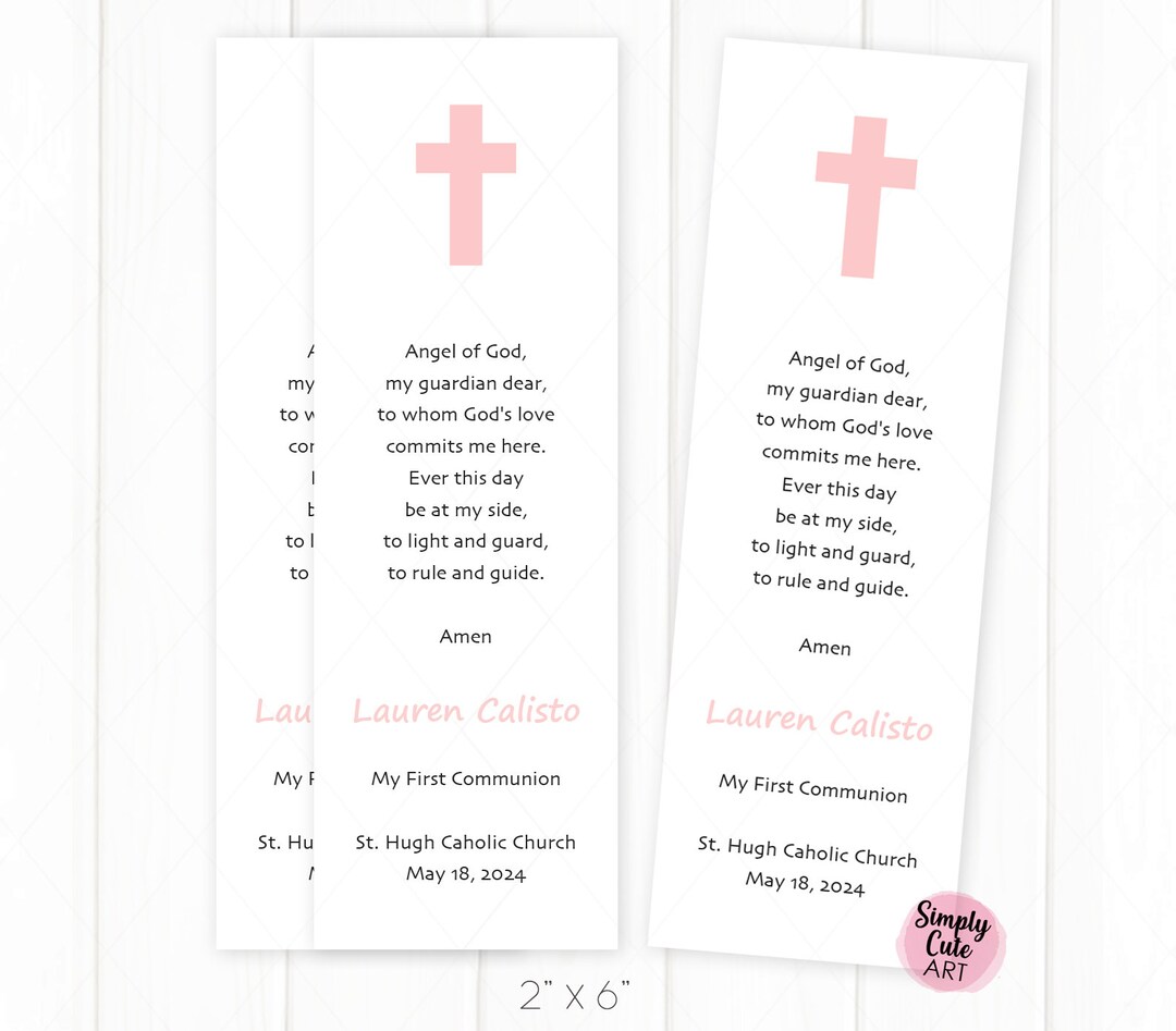Pink Cross First Communion Bookmarks, Personalized Prayer Cards, Custom ...