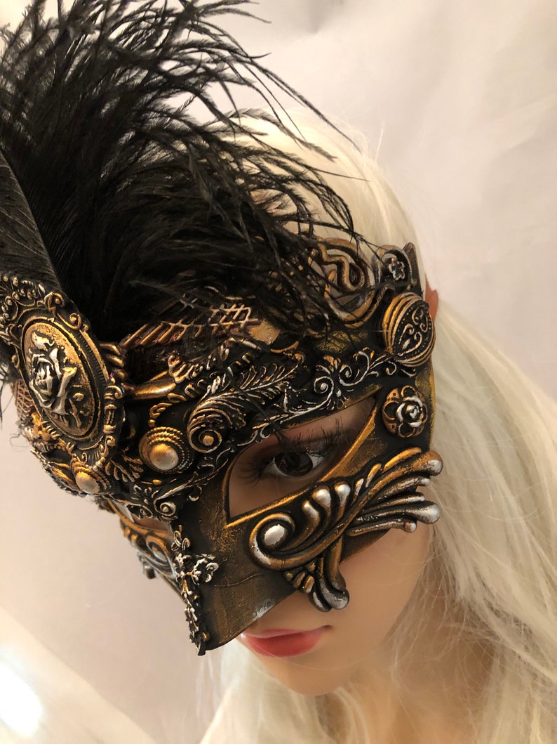 Venetian Mask in Black, Gold, Bronze & Silver With a Black Ostrich ...