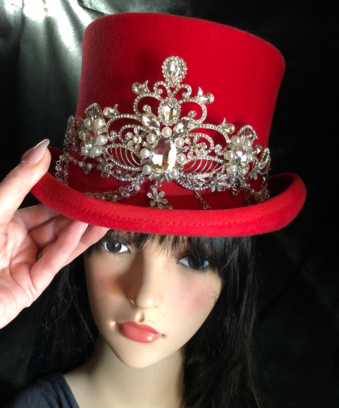 Steampunk Showgirl Showman Red Wooltop Hat With a Diamonté | Etsy