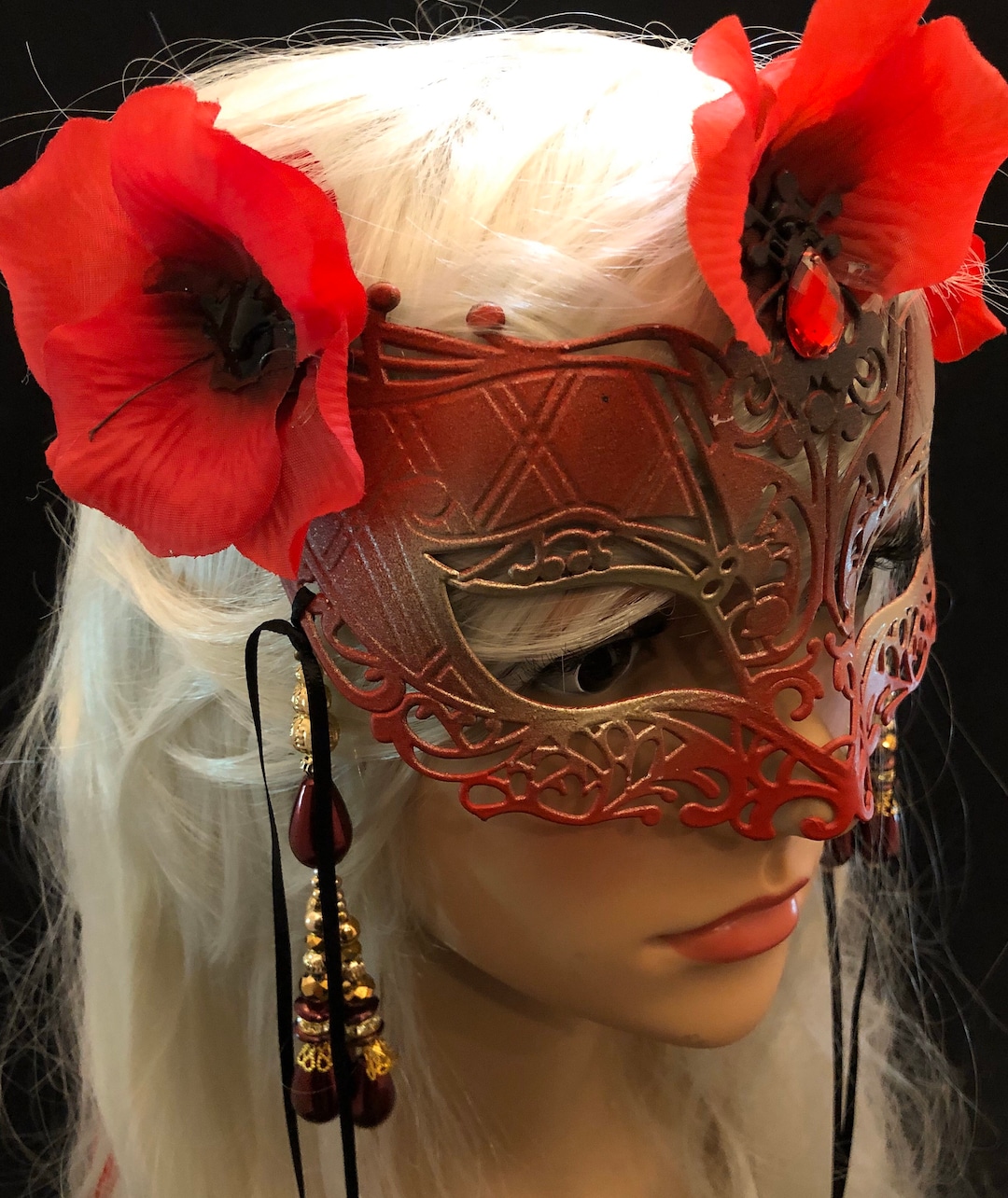 Venetian Filigree Red & Gold Masquerade Mask With Poppies and Latkans ...
