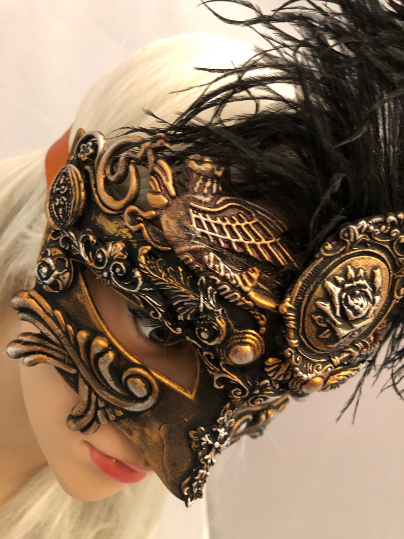 Venetian Mask in Black, Gold, Bronze & Silver With a Black Ostrich ...