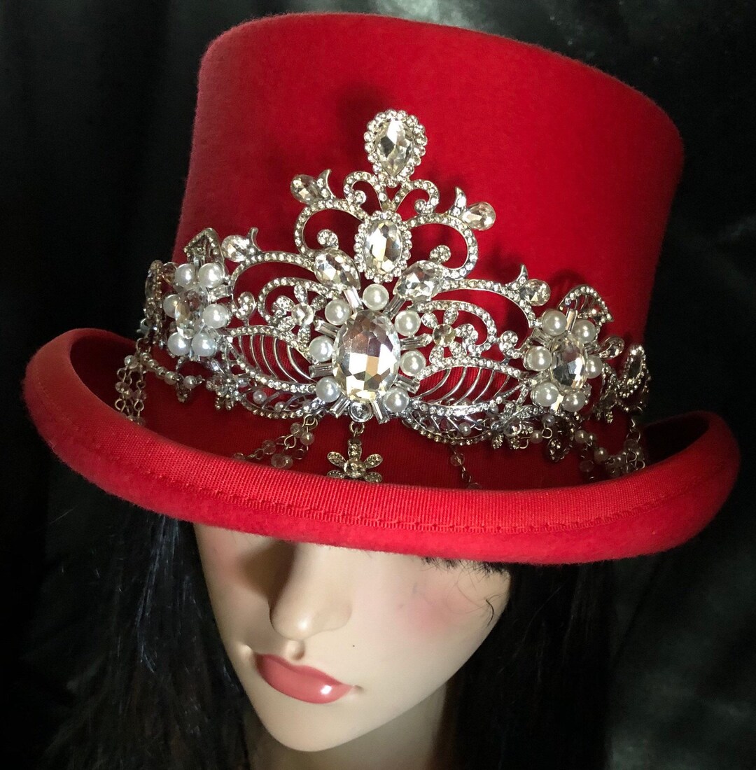 Steampunk Showgirl Showman Red Wooltop Hat With a Diamonté Crown Piece ...