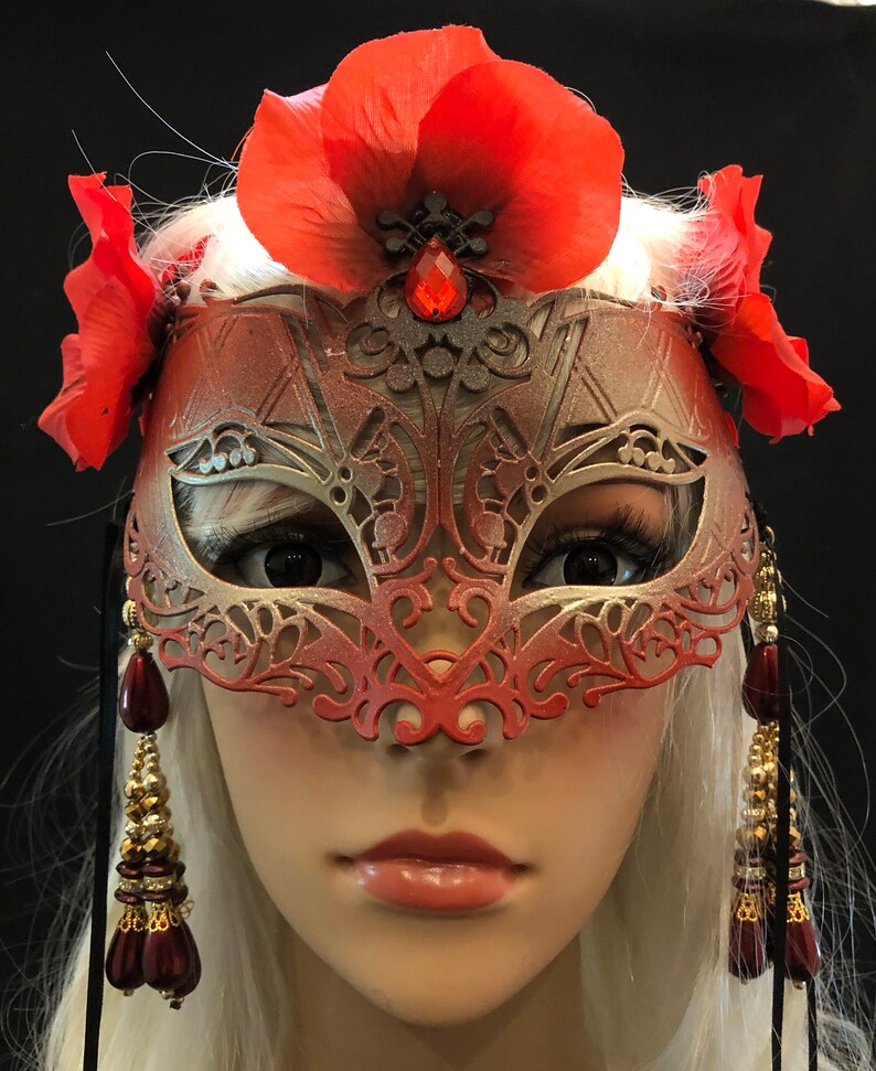 Venetian Filigree Red & Gold Masquerade Mask With Poppies and Latkans ...