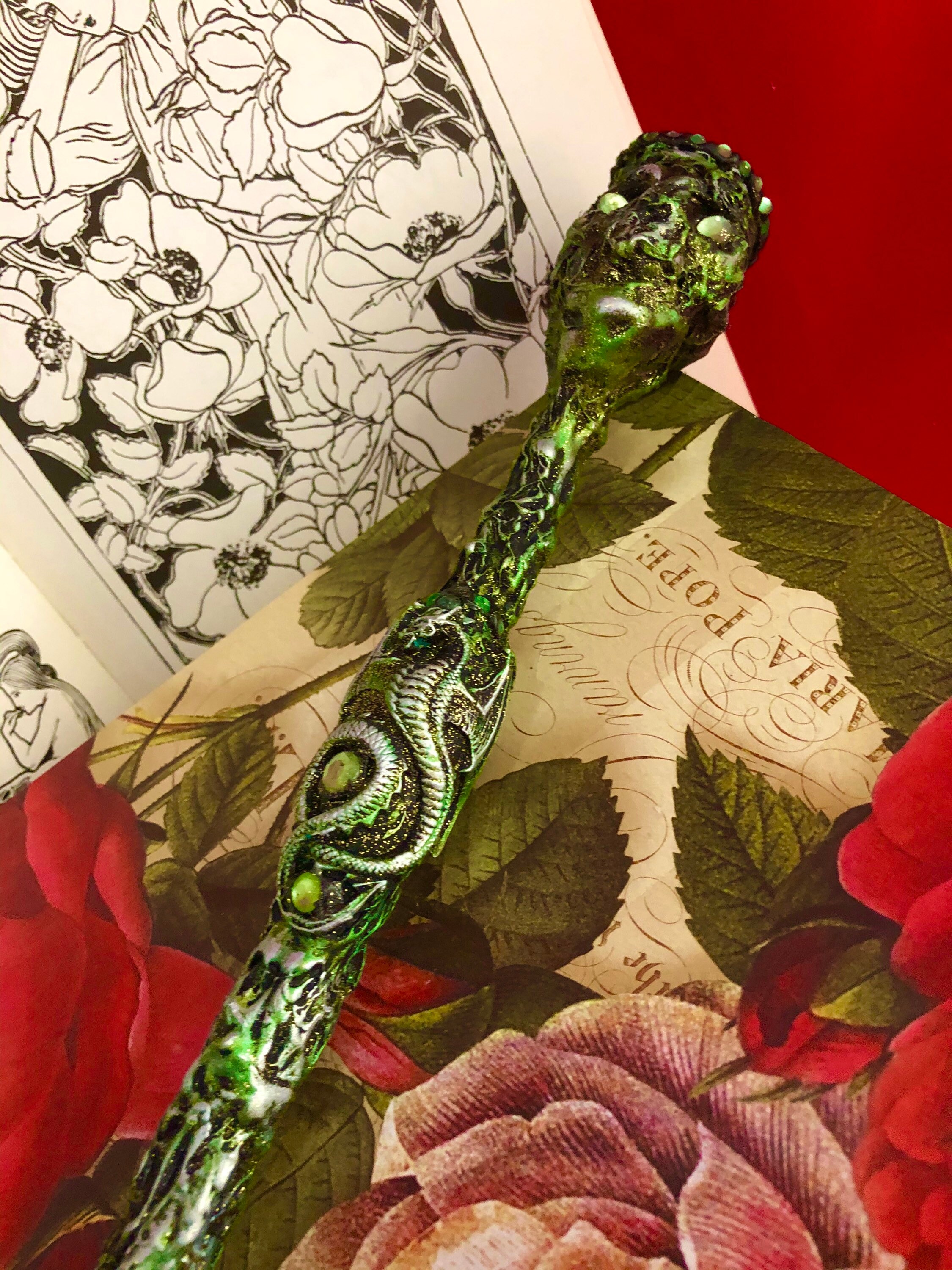 Magic Skull Dragon Wand (18”) Beautiful Gnarly Wand in Black With Green ...