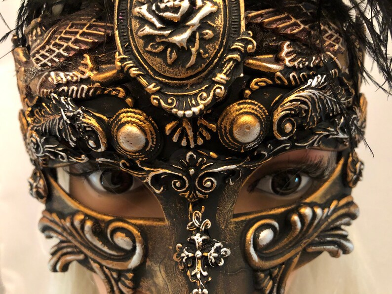 Venetian Mask in Black, Gold, Bronze & Silver With a Black Ostrich ...