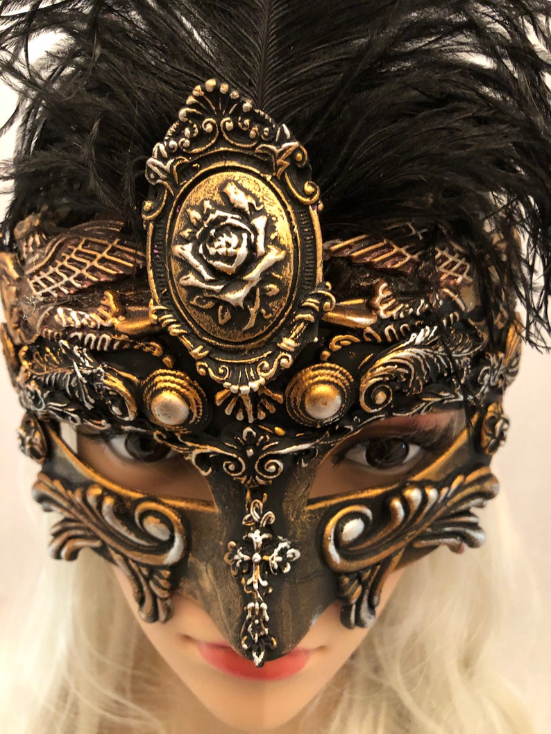 Venetian Mask in Black, Gold, Bronze & Silver With a Black Ostrich ...