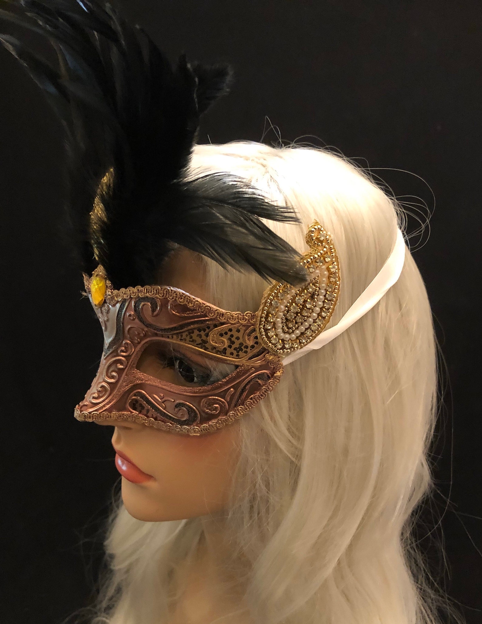 Gold and Bronze Mask With Gem Centre Piece and Ostrich Feather - Etsy UK