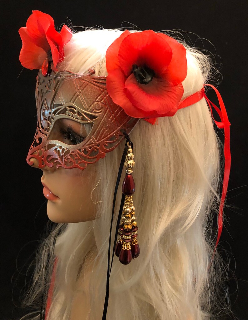 Venetian Filigree Red & Gold Masquerade Mask With Poppies and Latkans ...