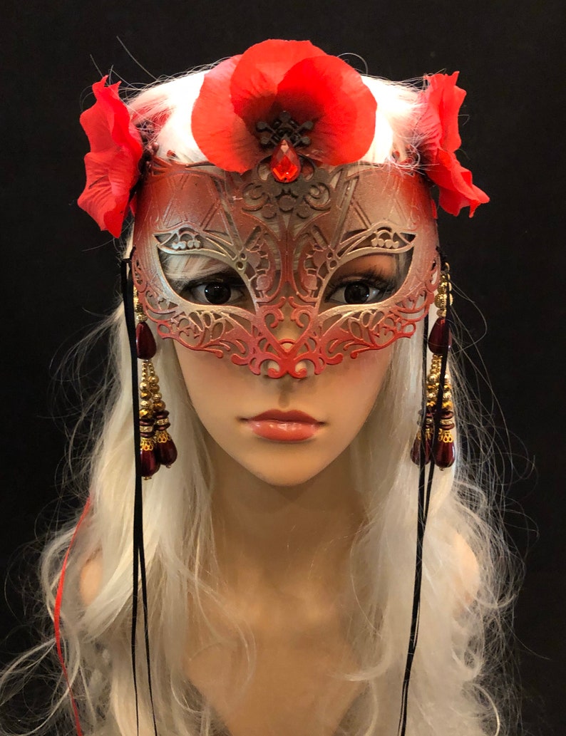 Venetian Filigree Red & Gold Masquerade Mask With Poppies and Latkans ...