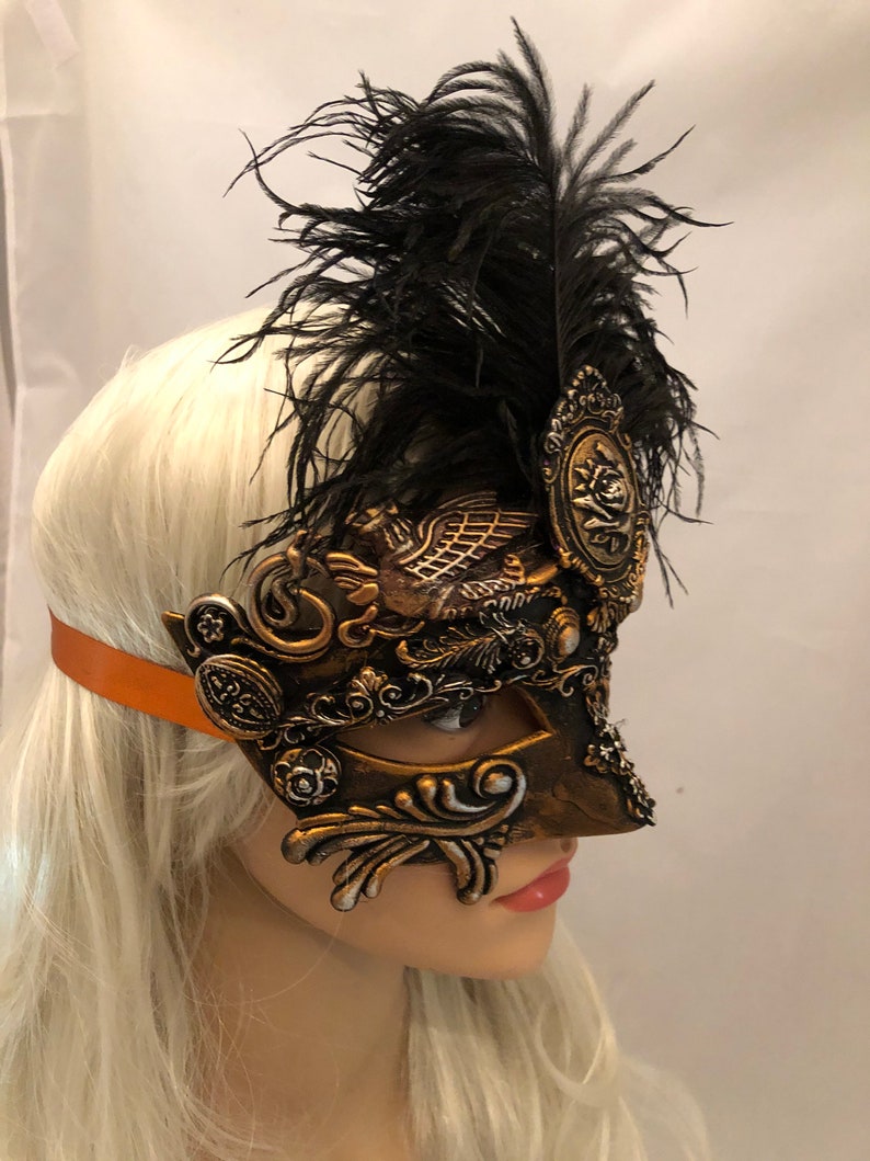 Venetian Mask in Black, Gold, Bronze & Silver With a Black Ostrich ...