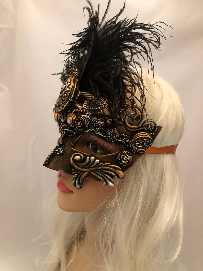 Venetian Mask in Black, Gold, Bronze & Silver With a Black Ostrich ...
