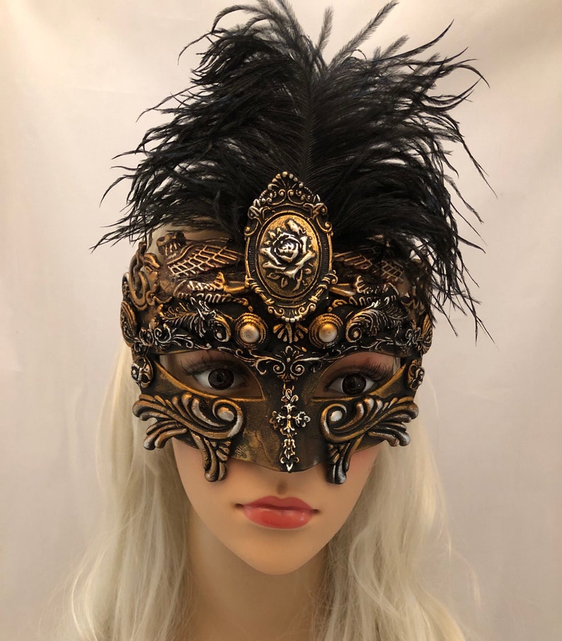 Venetian Mask in Black, Gold, Bronze & Silver With a Black Ostrich ...