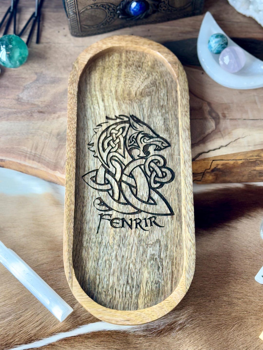 Engraved Fenrir Wolf Mango Wood Tray - Viking Altar Decor - Etsy