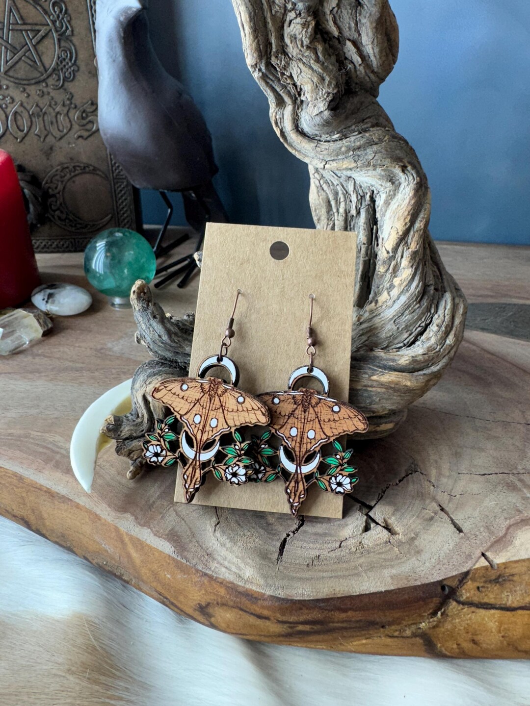 Death Moth & Flowers Design, Mahogany Dangle Wood Earrings, Hygge ...