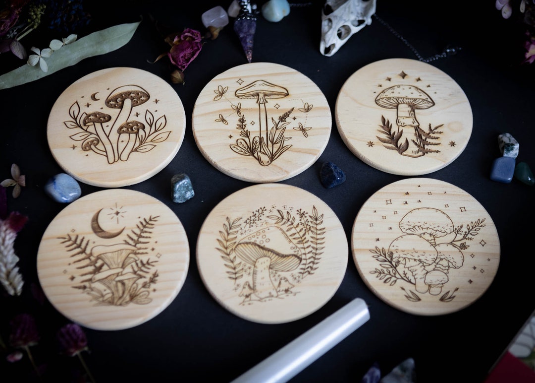 Laser Engraved Wooden Mushroom Coaster Set, Pagan Altar Decor - Etsy