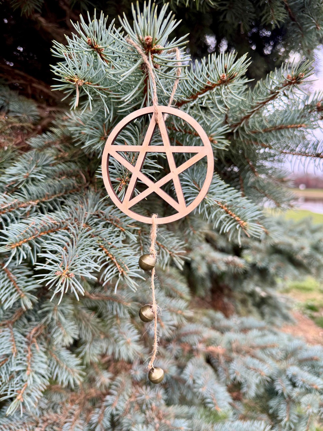 Pentacle & Bells Ornament | Witch Pagan Tarot | Maple Wood | Non ...