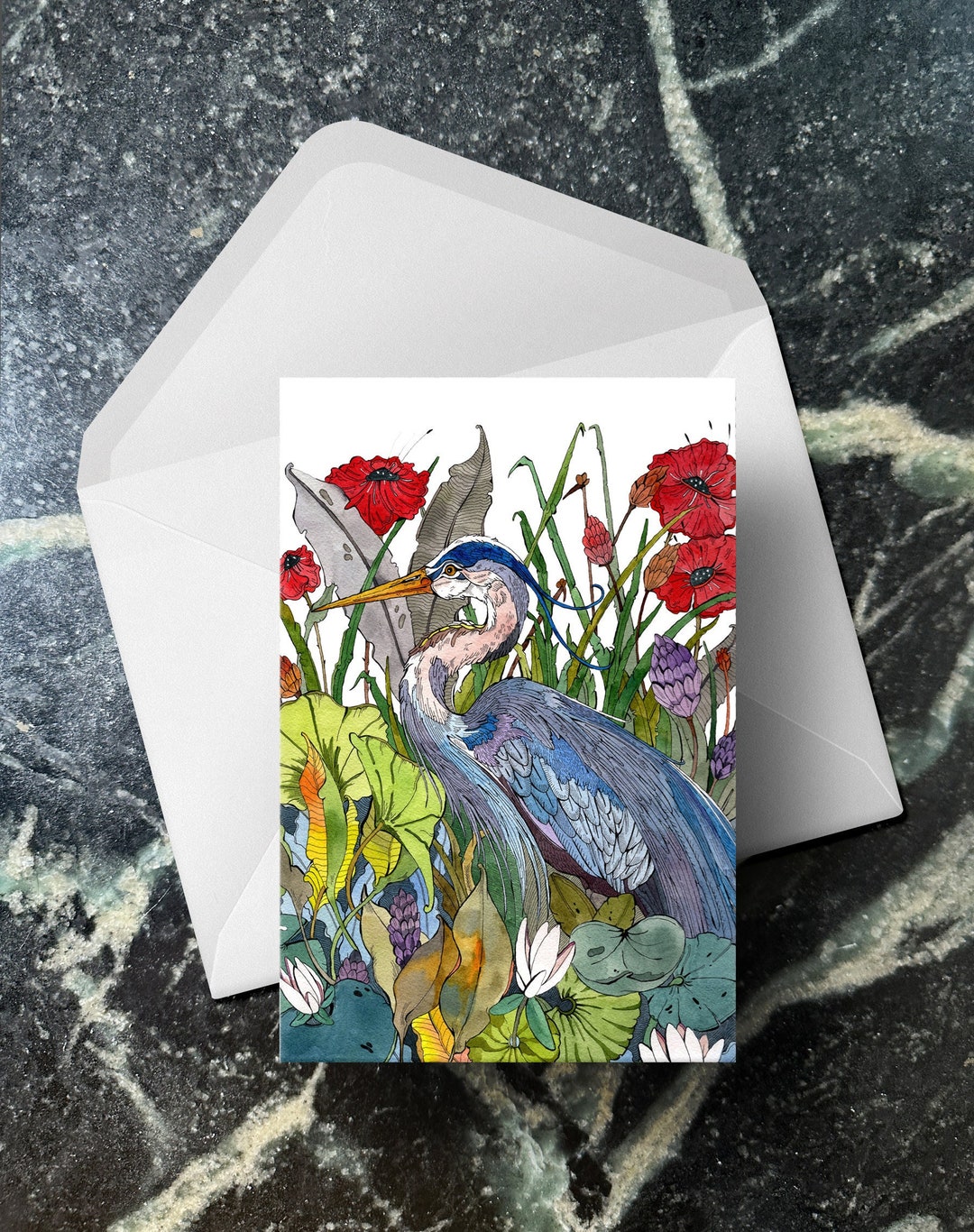 Watercolor Great Blue Heron Greeting Card, Blank Inside - Etsy