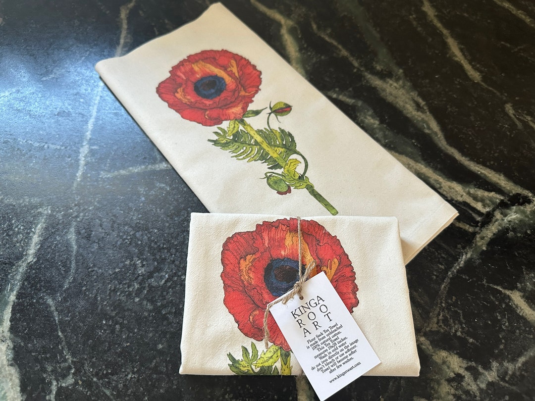 Red Poppy Tea Towel, 19x28 Inches Flour Sack Tea Towel, Unbleached off ...