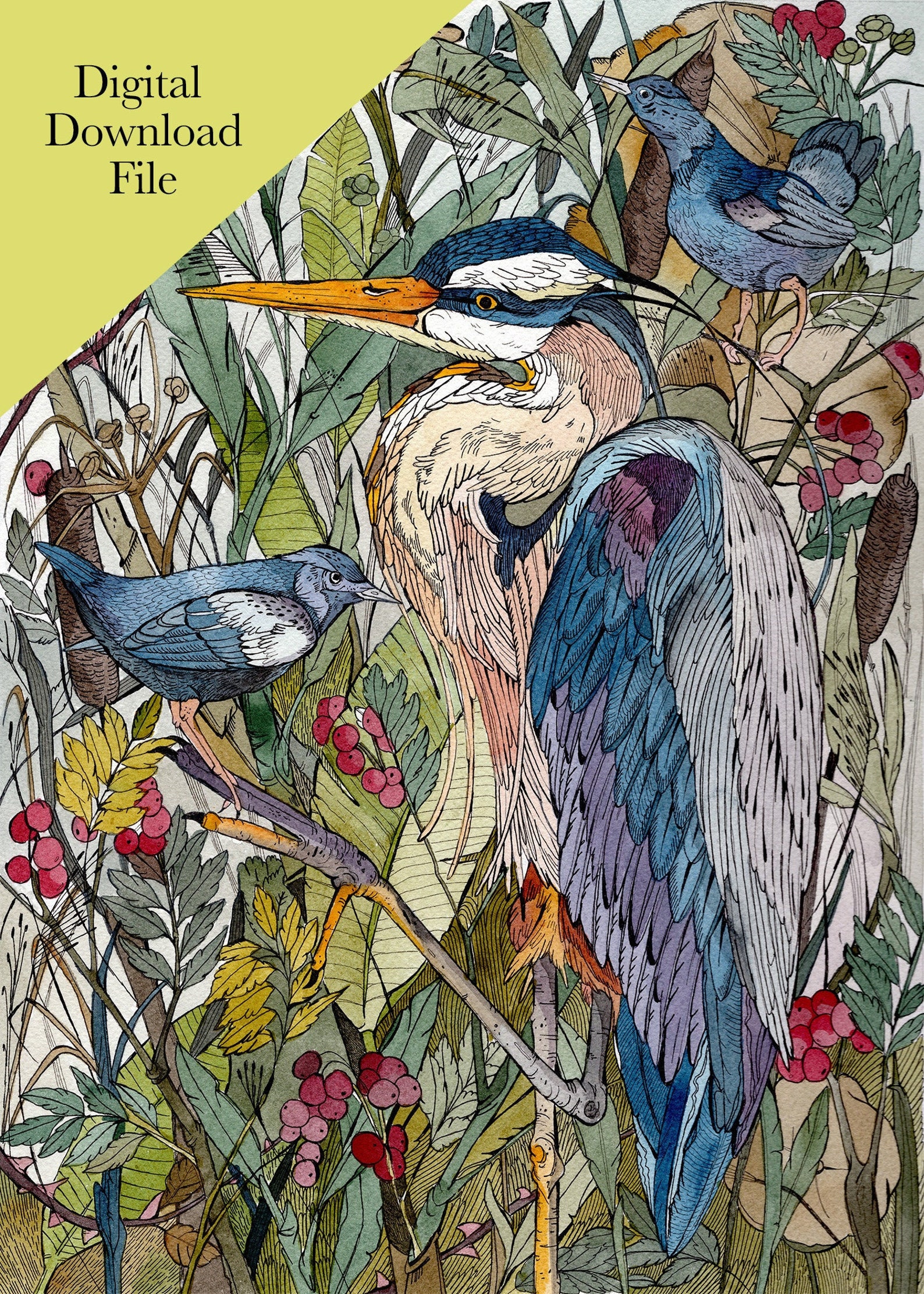 Great Blue Heron Digital Download Print, Waterbird Art Print, Blue ...