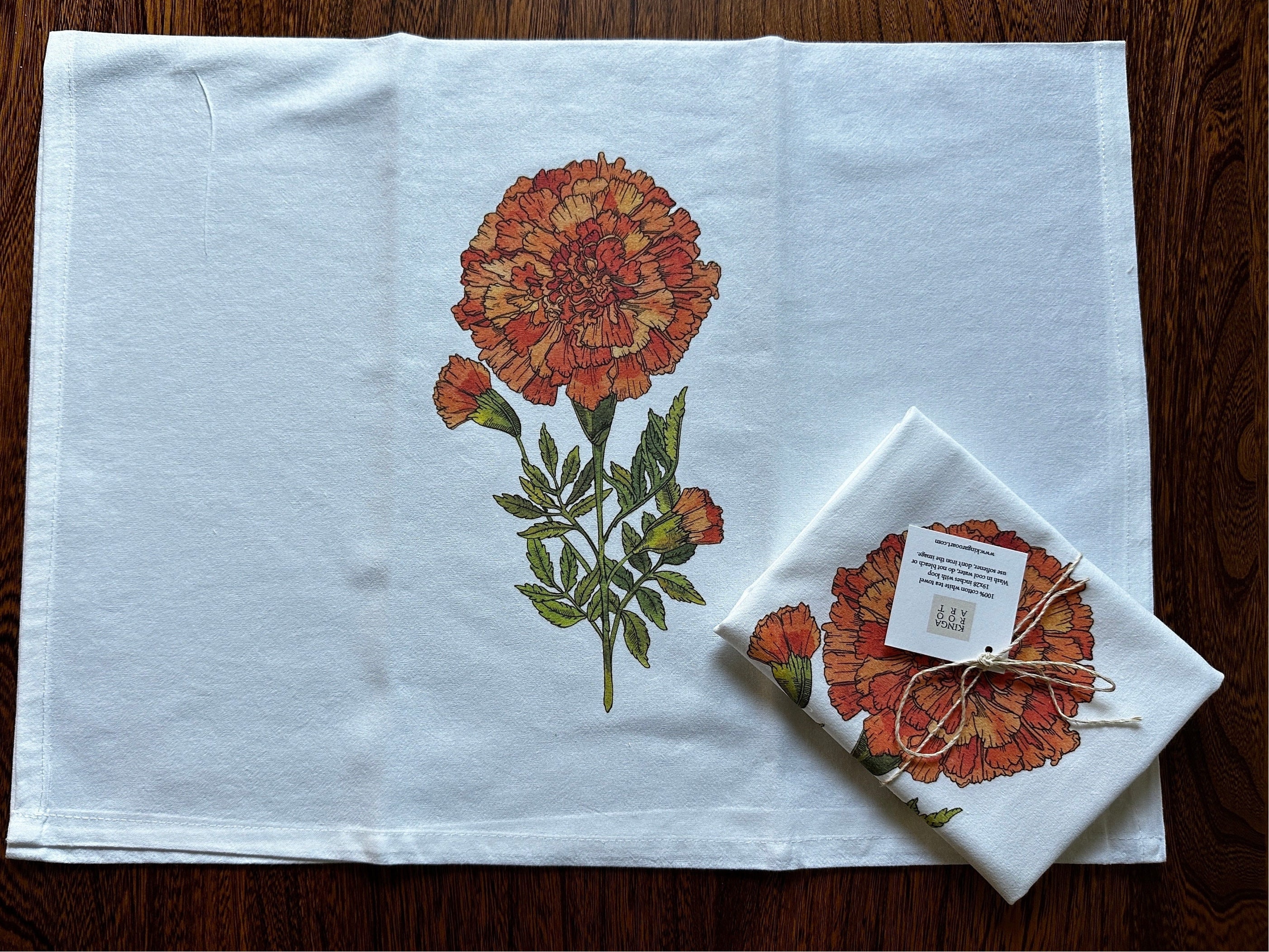 Marigolds Flower White Cotton Tea Towel, Flour Sack Towel 19x28 Inches ...