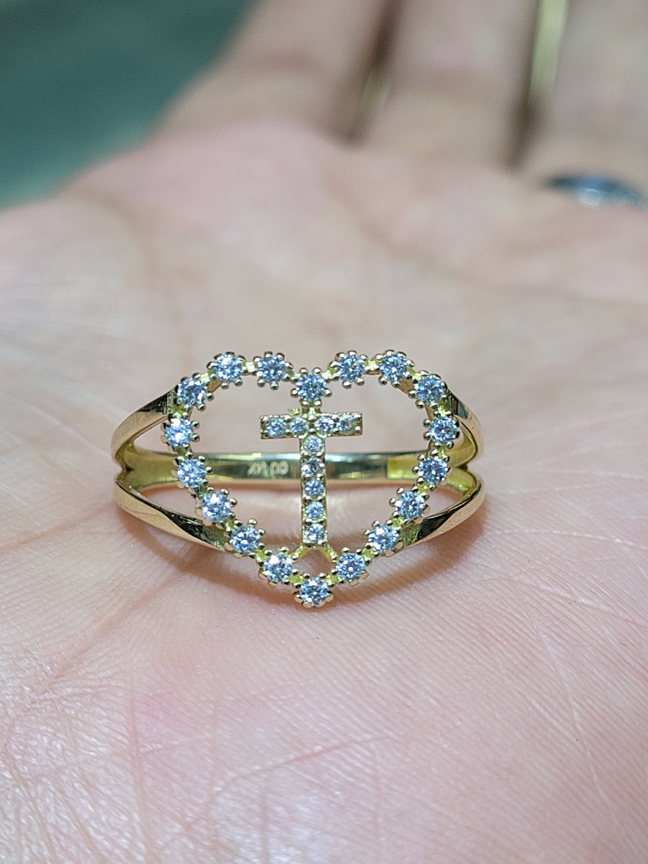 14k Yellow Gold Letter T Initial Heart Ladies Ring With White - Etsy