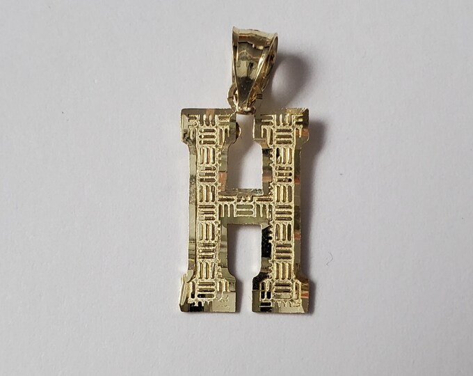 14K Gold Block Initial Diamond Cut Letter H Charm Pendant - Etsy