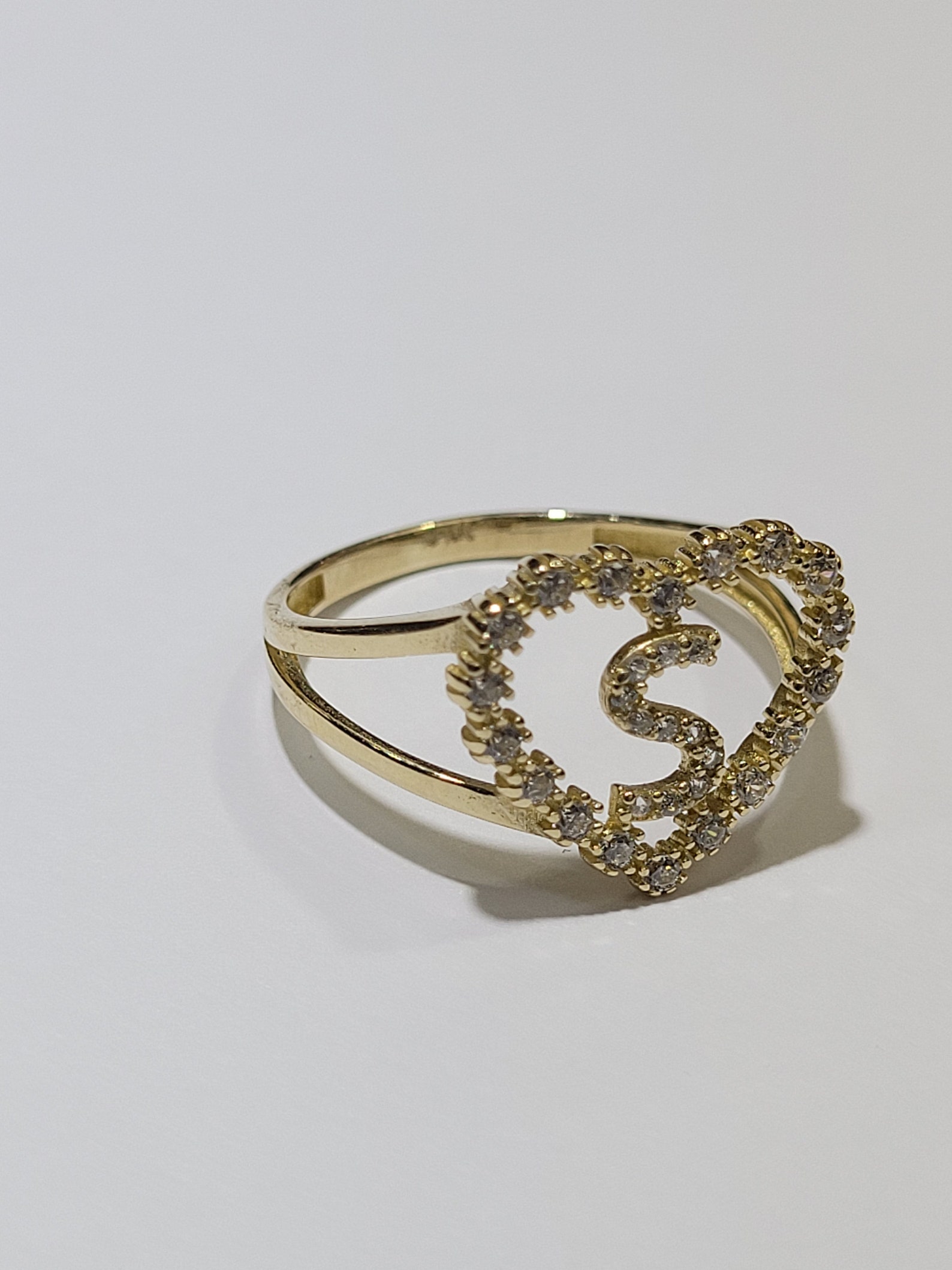 14k Yellow Gold Letter S Initial Heart Ladies Ring With White - Etsy