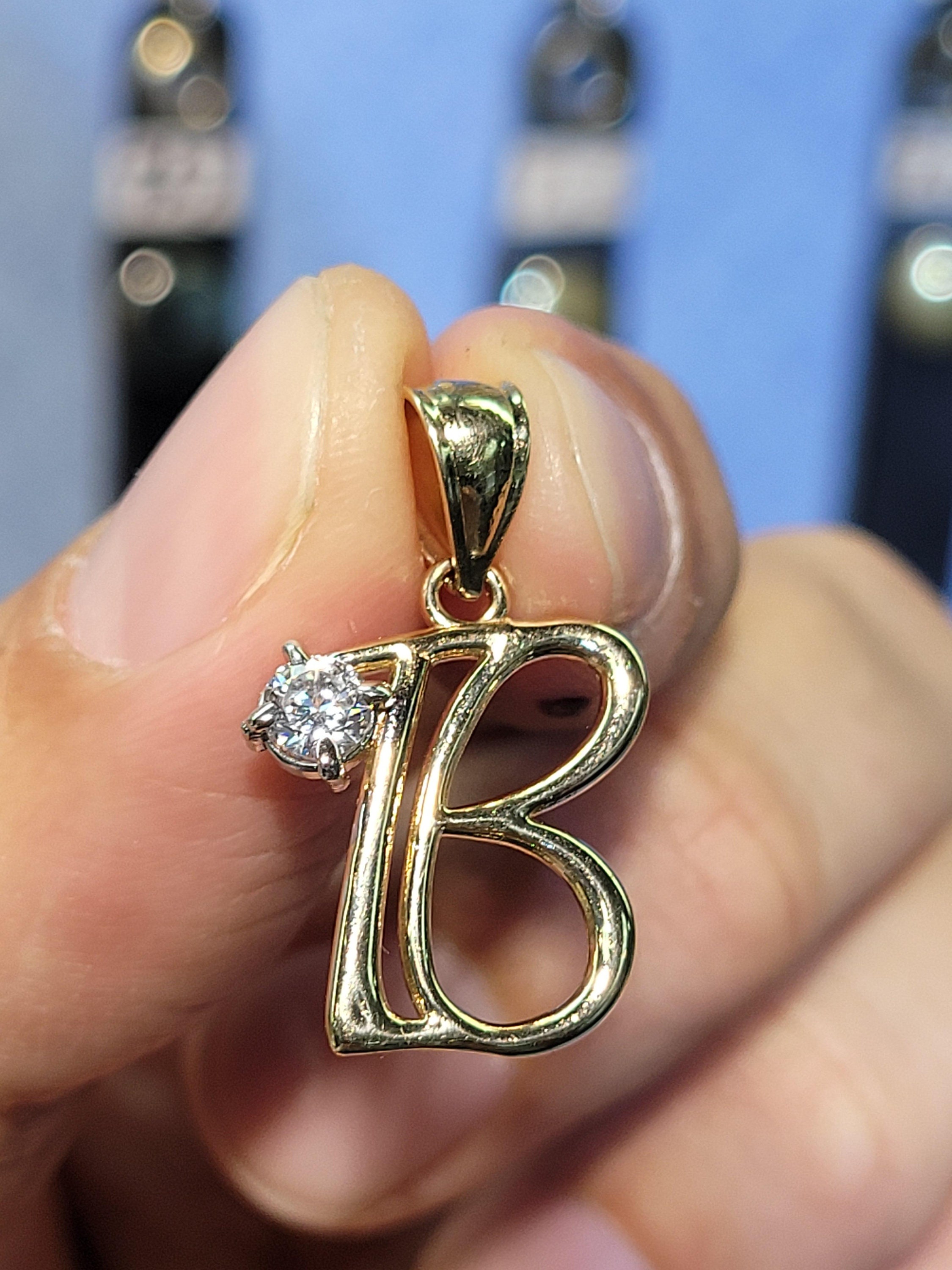 14K Yellow Gold Initial Letter B White CZ Stone Pendant | Etsy