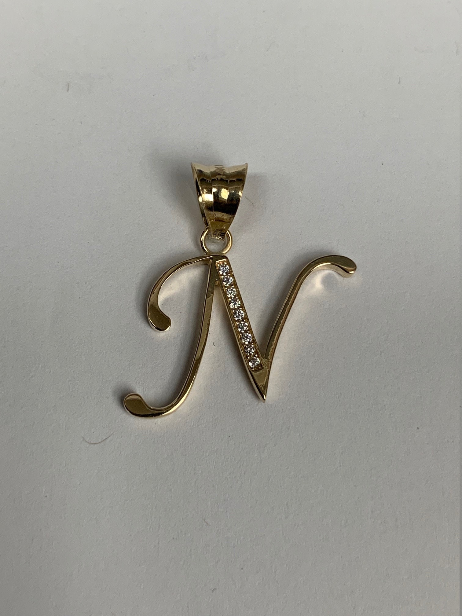 14K Yellow Gold Initial Letter N White CZ Stone Pendant | Etsy