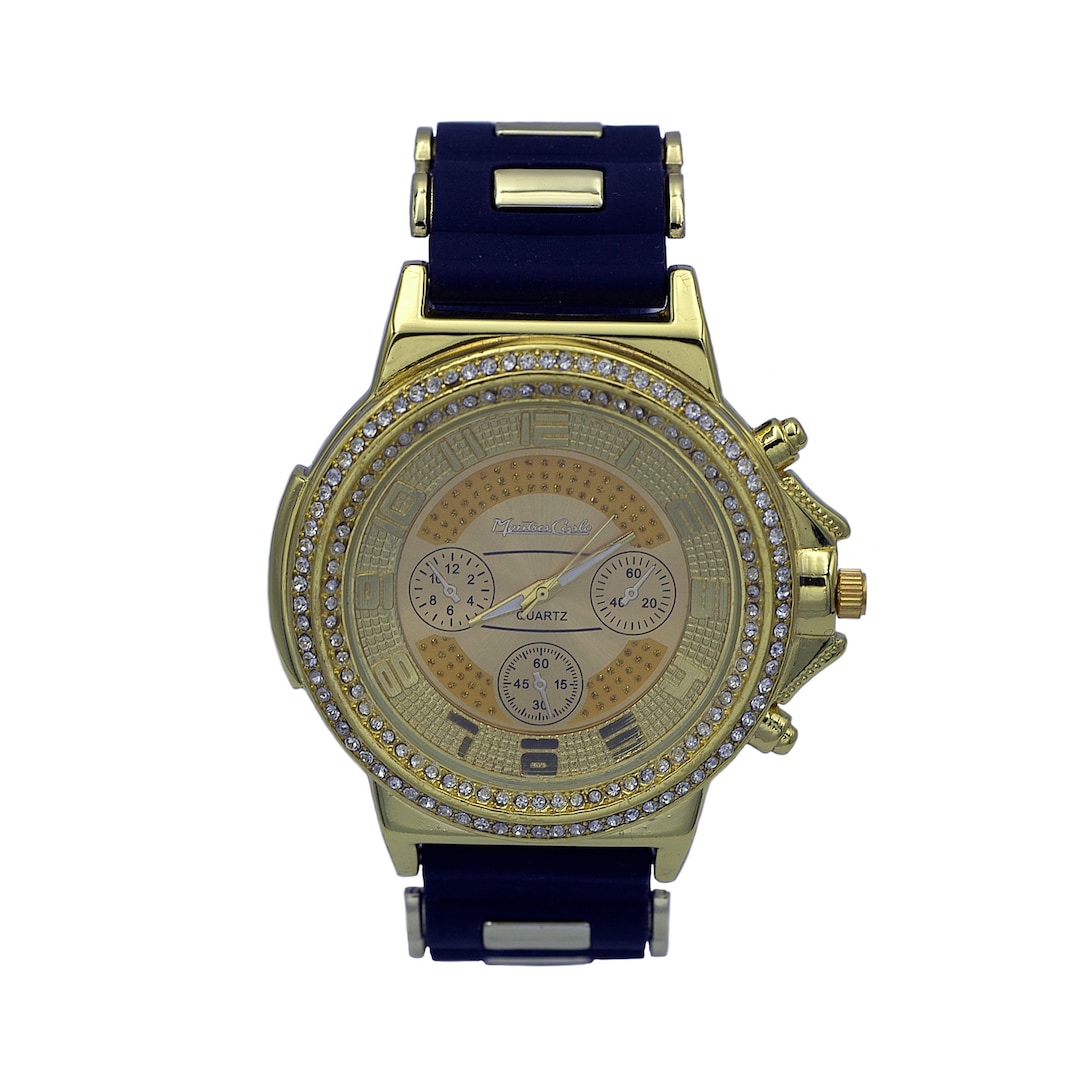 Montres Carlo Mens Chronograph Style Gold Dial Black Rubber Strap Watch ...