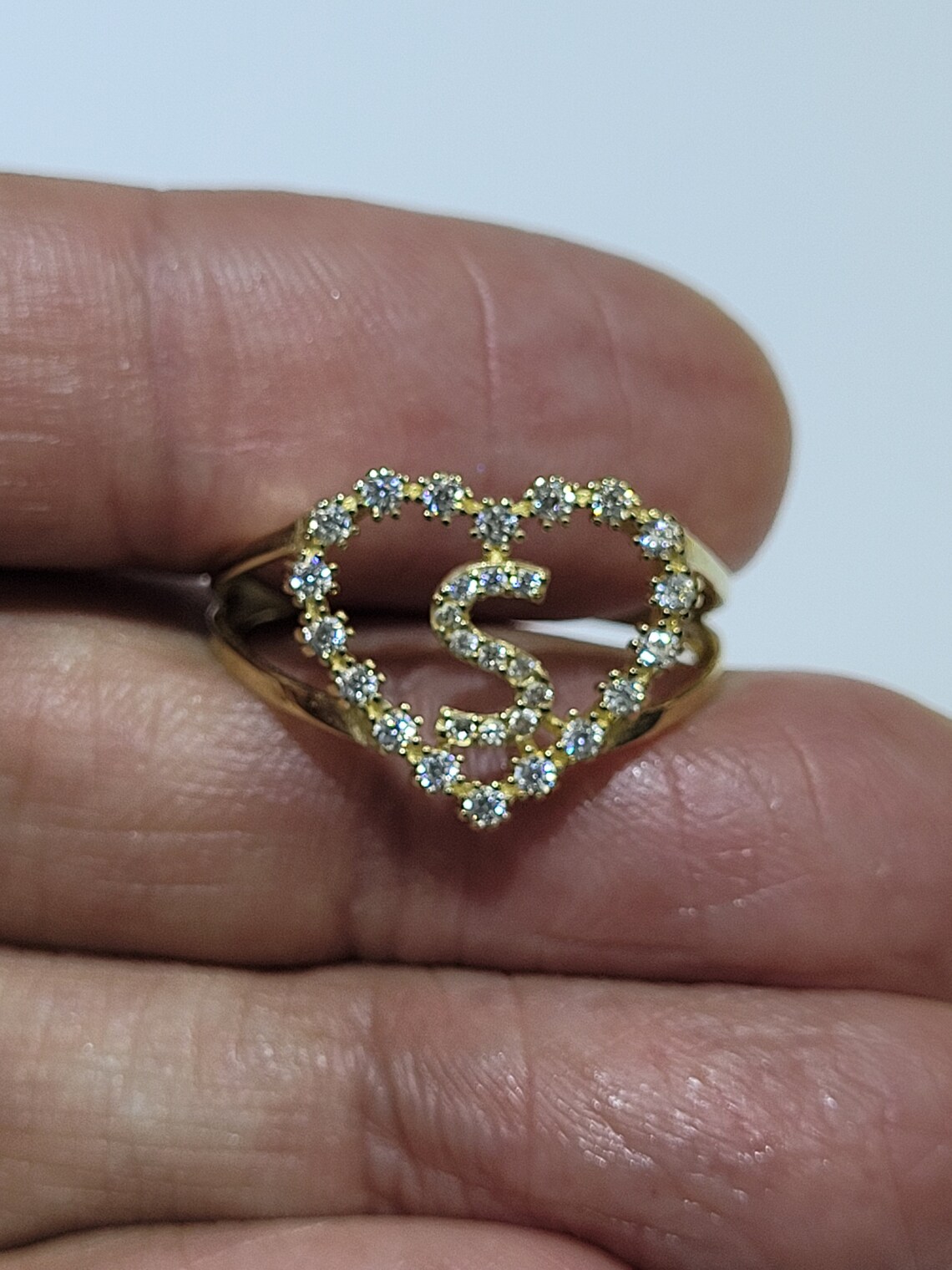 14k Yellow Gold Letter S Initial Heart Ladies Ring With White - Etsy