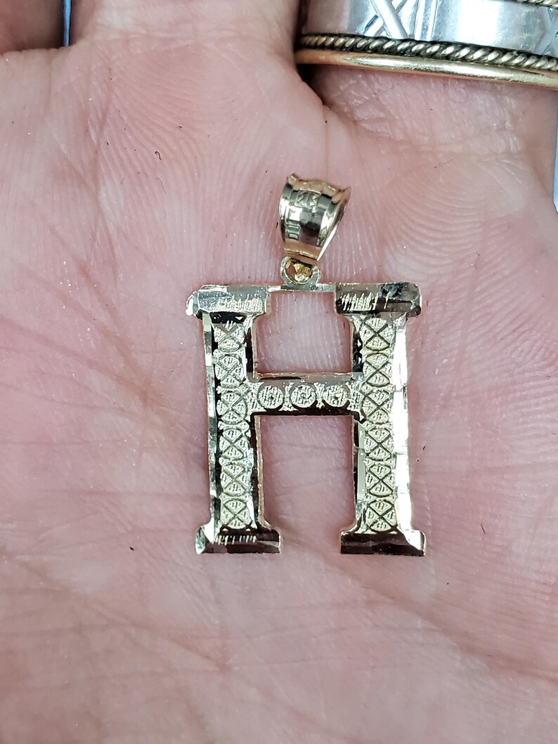 14K Gold Diamond Cut Block Initial Letter H Charm Pendant | Etsy