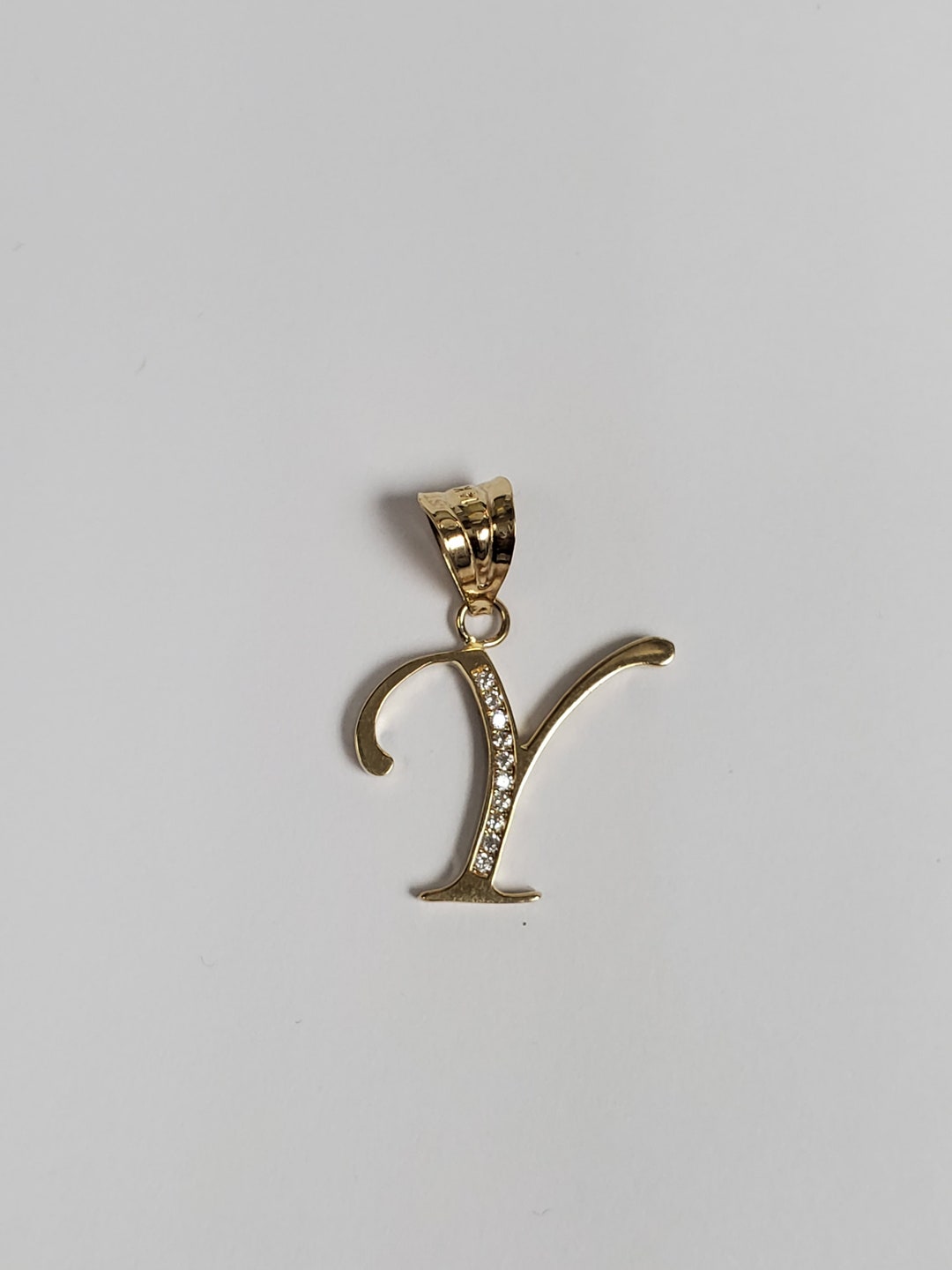 14K Yellow Gold Initial Letter Y White CZ Stone Pendant - Etsy