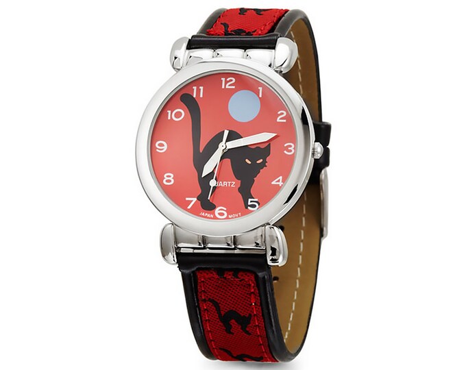 New Ladies Red Tone Band Cat Dial Wrist Watch - Etsy