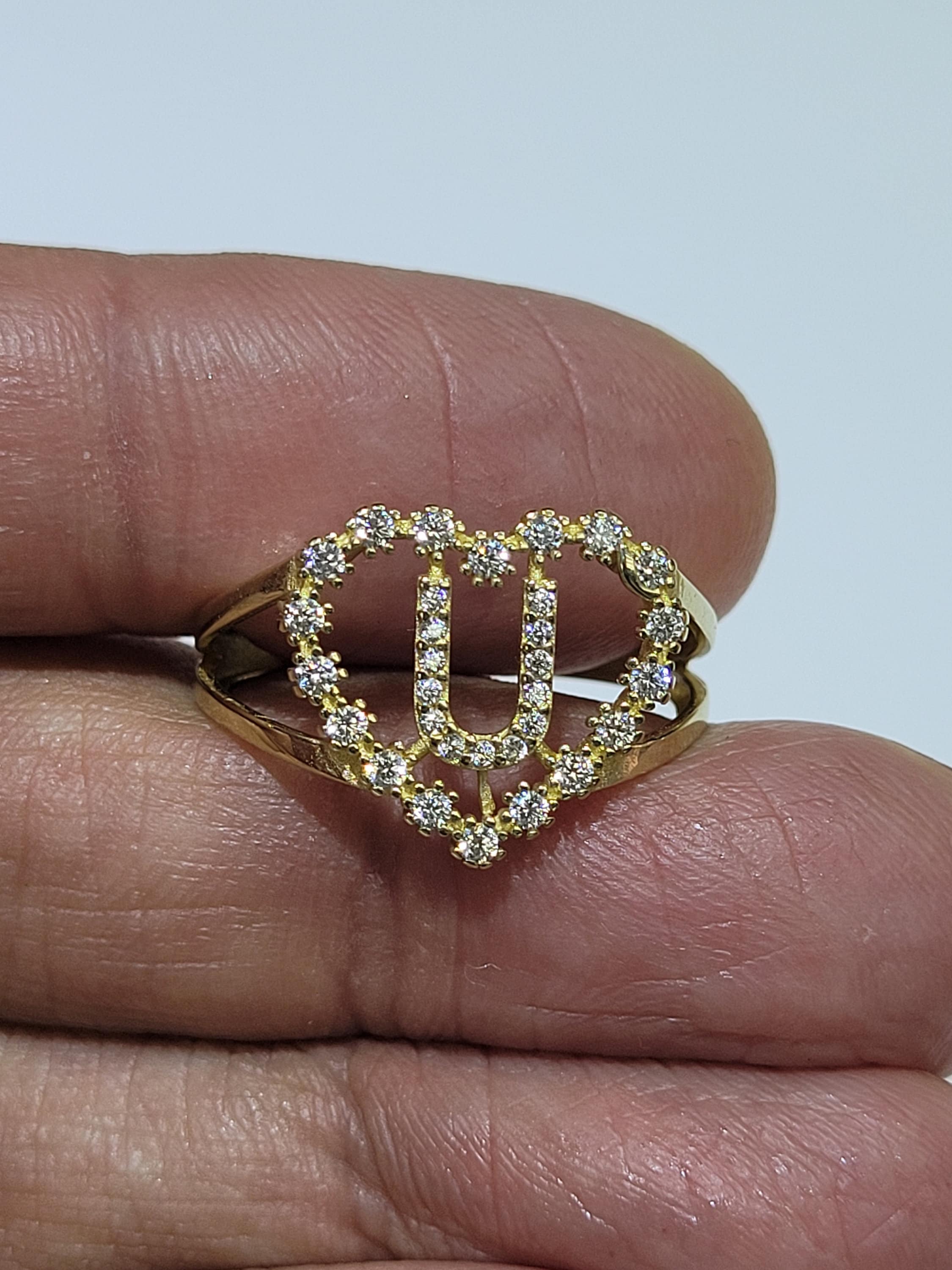 14k Yellow Gold Letter U Initial Heart Ladies Ring with White | Etsy