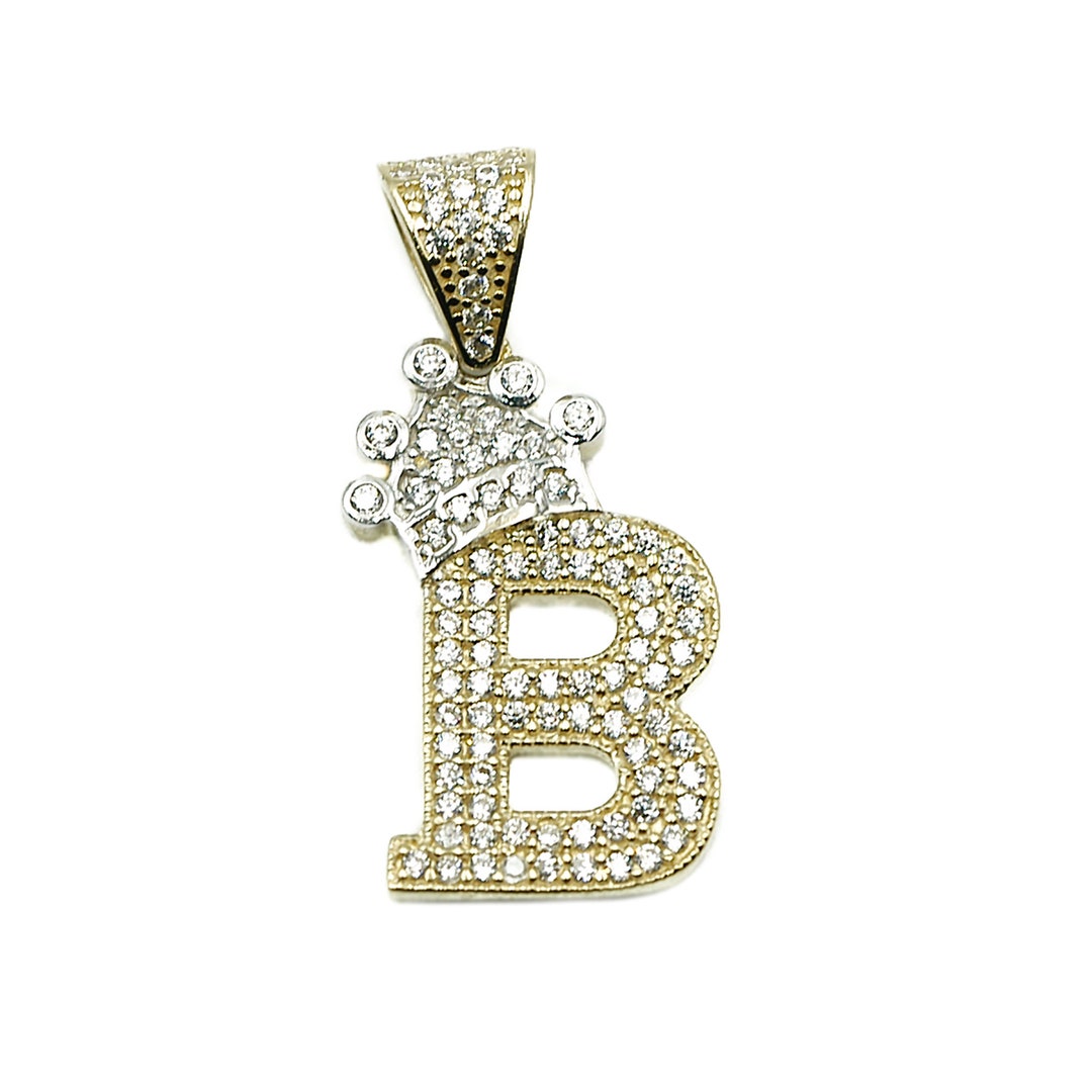 14K Yellow Gold Big Crown Initial Letter B White CZ Stone - Etsy