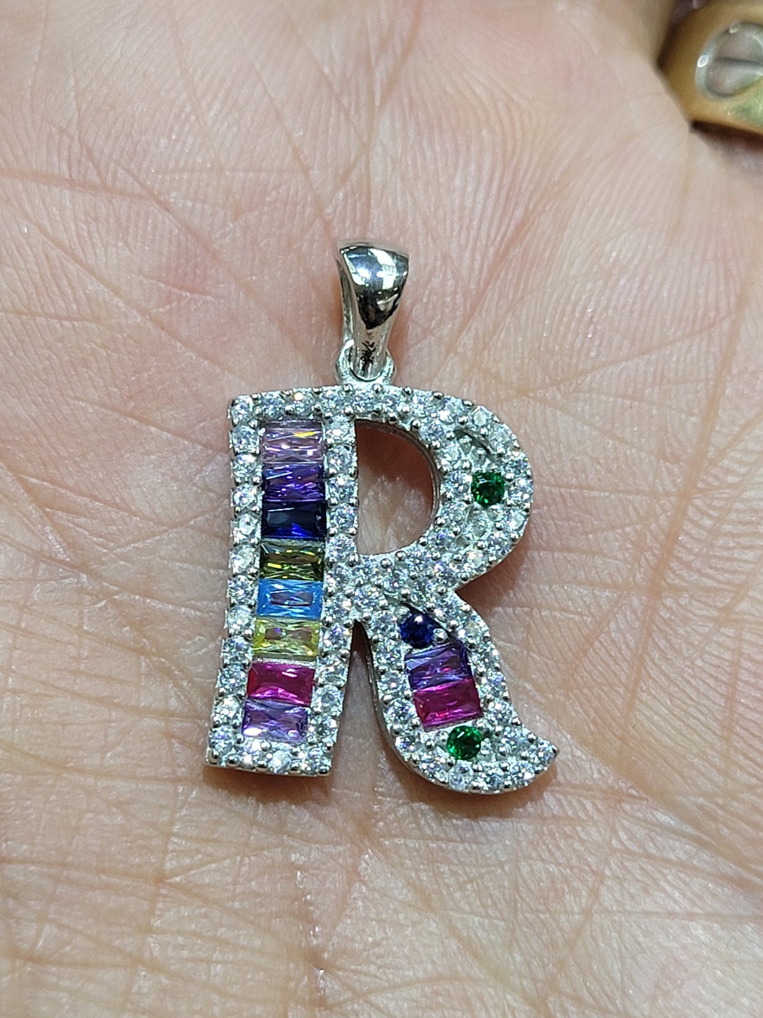 925 Sterling Silver Alphabet Letter R Multicolor and White CZ Initial ...