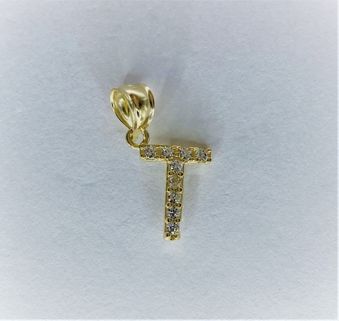 14K Yellow Gold Initial Letter T With White CZ Stones Pendant - Etsy