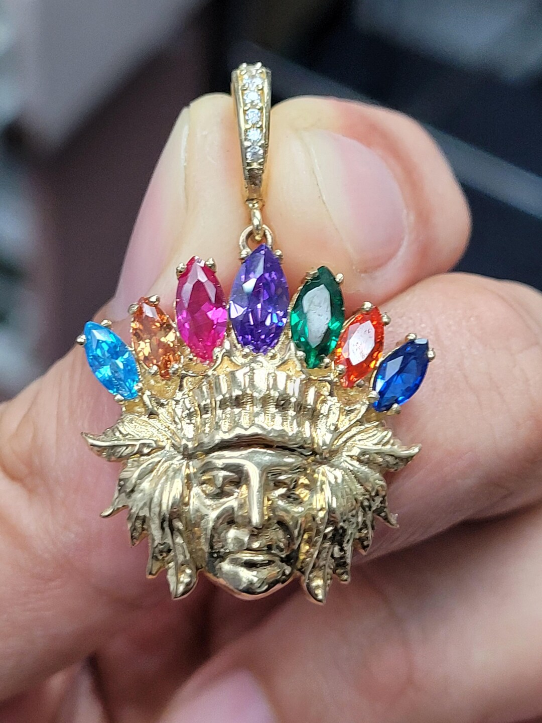 14K Yellow Gold Native American Indian Head Chief Multi Stone - Etsy