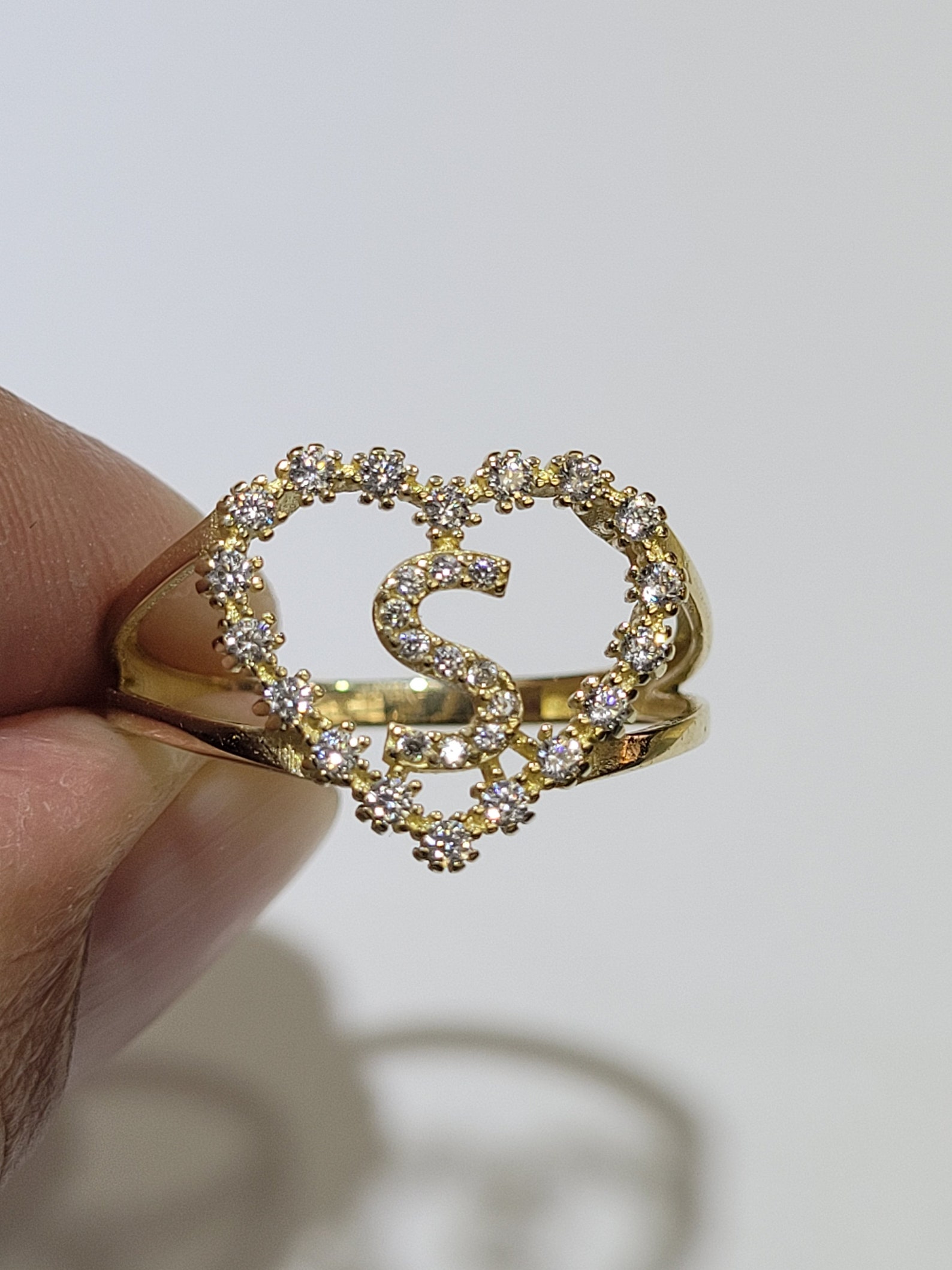 14k Yellow Gold Letter S Initial Heart Ladies Ring With White | Etsy