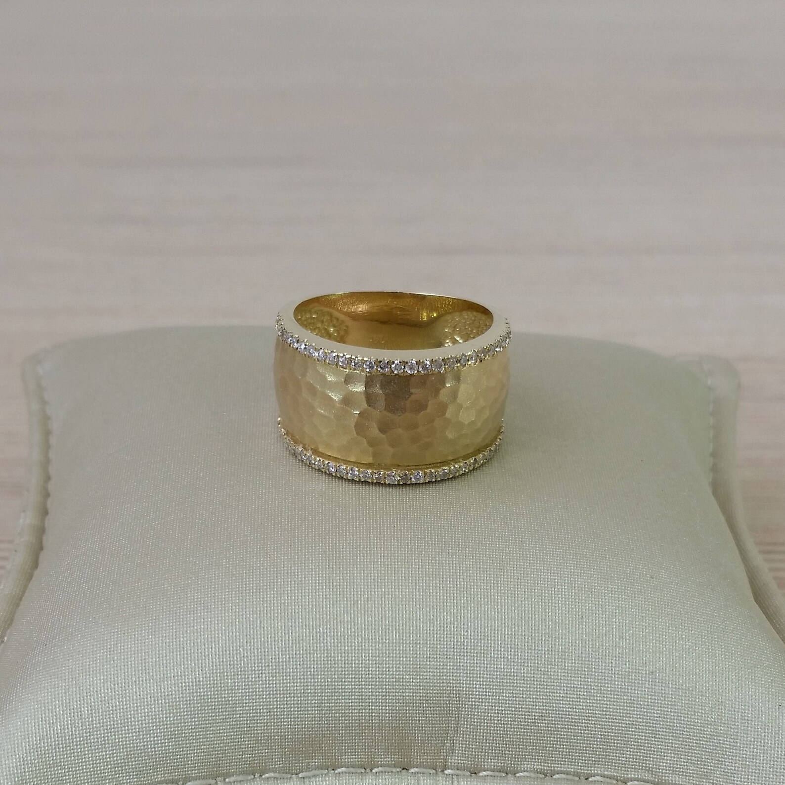 Wide Ring Hammered Gold Artisan Diamond Wedding Ring With Two | Etsy
