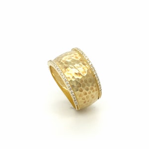 Wide Ring Hammered Gold Artisan Diamond Wedding Ring With Two Bands of ...