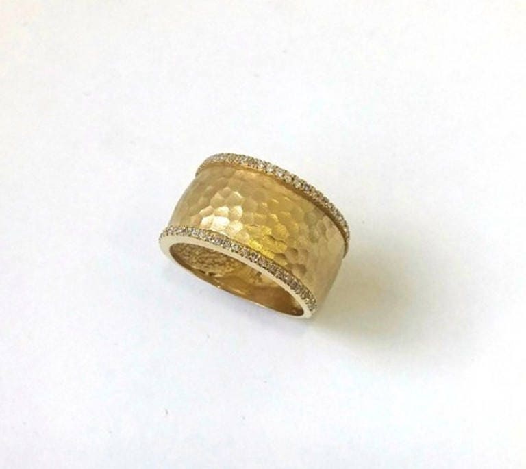 Wide Ring Hammered Gold Artisan Diamond Wedding Ring With Two | Etsy
