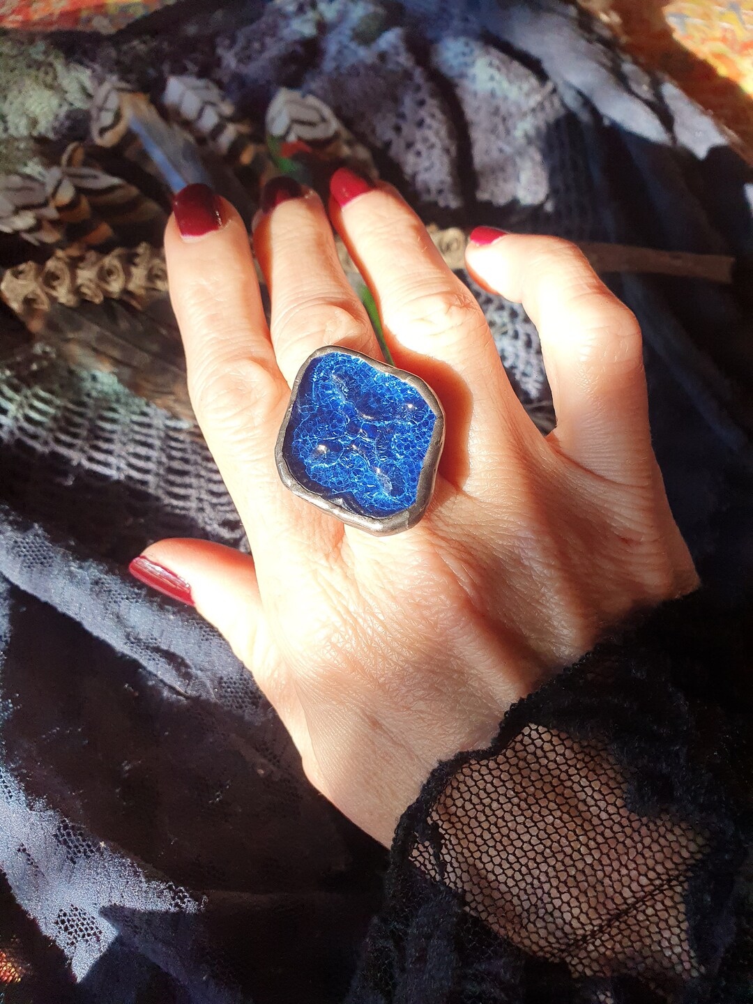 Gypsy Empress Vintage Blue Figured Glass Statement Ring. Repurposed and ...