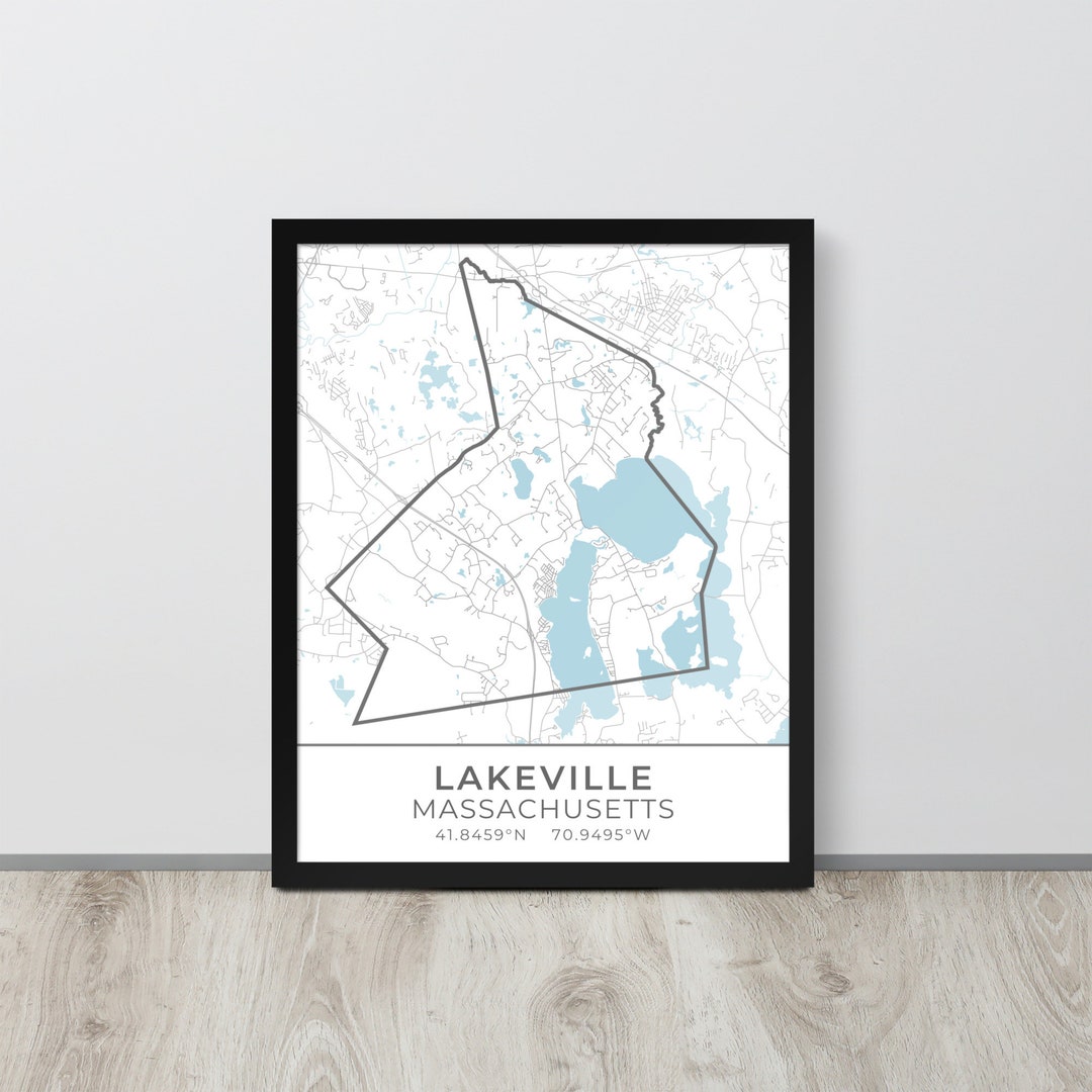 Framed Cartography Map of Lakeville Massachusetts, Housewarming Gift ...