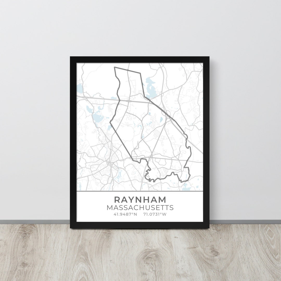 Framed Cartography Map of Raynham Massachusetts, Housewarming Gift for ...