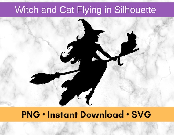 Modern Witch and Cat Flying on Broom Silhouette PNG and SVG - Etsy