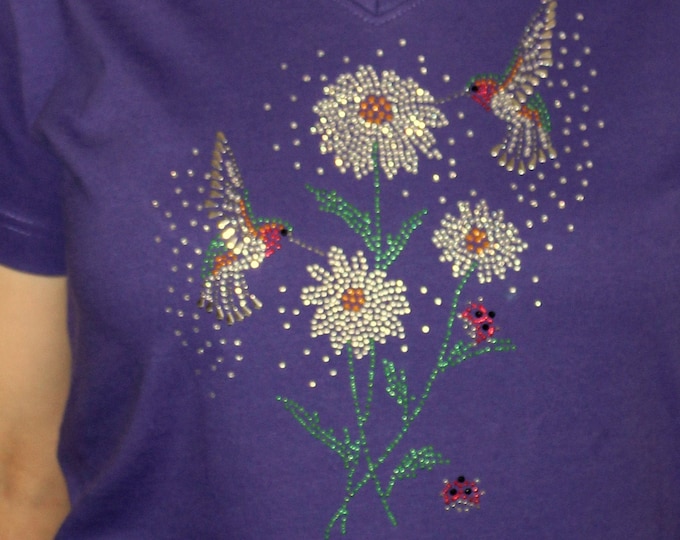 Rhinestone Hummingbird With Daisy Flowers and Ladybugs Ladies V-neck ...